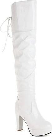 Generic Bottes plissées au-dessus du genou à lacets pour femme Talon épais Plateforme Bout rond Cuisse Haute Mode Hiver Fête Chaussures de discothèque, blanc,