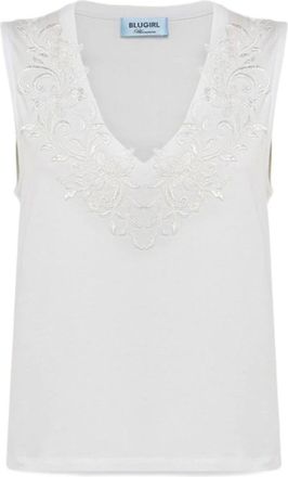 Blugirl Femme, Tops, Blanc, Taille: 40 FR Top en jersey de coton stretch avec col orn&eacute; de dentelle florale