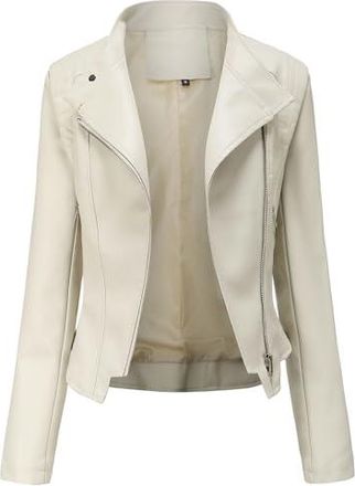Generic Veste de moto courte en cuir synth&eacute;tique pour femme avec col &agrave; revers et fermeture &eacute;clair, beige, XXL