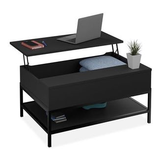 Relaxdays Table Basse avec Plateau relevable, 42x98x50 cm, Compartiment intérieur, Meuble de Salon, Noire