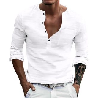 Generic T-shirt &agrave; manches longues pour homme - Style vintage - En coton - Grandes tailles - Col montant - Chemise de plage - Col rond - Chemise d&eacute;t&eacute; &eacute;l&eacute;gante 