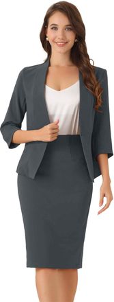 Allegra K Damen Business Rock Anzug Set 2-Teiliges B&uuml;ro Arbeits Outfit Kragenloser Blazer Bleistiftrock Dunkelgrau XL
