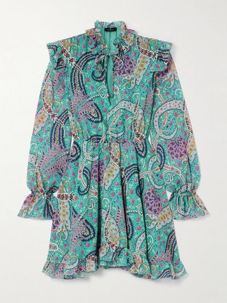 Etro Minikleid Aus Voile Mit Jacquard-paisley-muster Und Rüschen - Blau