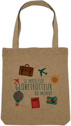 Fabulous Sac Shopping Tote Bag Aspect Lin - Le Meilleur Globetrotteur du Monde Voyage Wanderlust Monde Aventure - Sac de Courses Toile Epaisse 360g Beige Natur