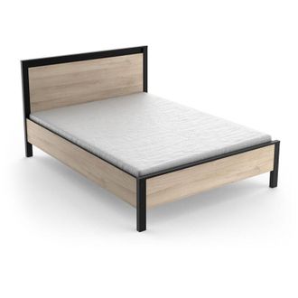 PEGANE Lit 2 places couchage 140x190 couleur ch&ecirc;ne / noir - Largeur 146,3 x Profondeur 198 x Hauteur 96,6 cm