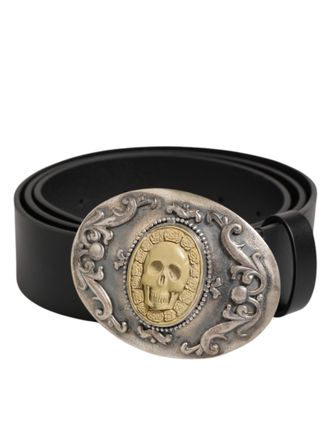 Dolce & Gabbana Black Leather Ornate Metal Buckle Men Belt 100lf