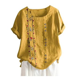 Generic Chemises en coton et lin pour femme - Col rond - Broderie florale - Tunique &agrave; manches courtes - Coupe ample - Confortable - T-shirt de travail, jaune,