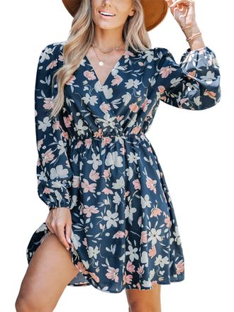 Cupshe Damen Kleid V Ausschnitt Langarm Wickeloptik Blümchenkleid Freizeitkleider Wrap Mini Dress Blaues Blumenmuster S