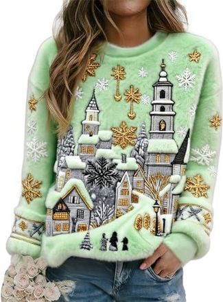 Generic Sweat-shirt en flanelle &agrave; imprim&eacute; chat de No&euml;l pour femme, pull dhiver d&eacute;contract&eacute; &eacute;l&eacute;gant doux et chaud, haut pullover fantaisie dr&ocirc;le &agrave; col rond No&euml;