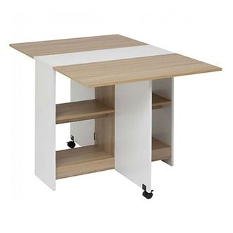 PEGANE Table &agrave; manger pliante multifonctions avec roulettes et &eacute;tag&egrave;res de rangement, coloris ch&ecirc;ne/blanc - Longueur 120,5 x Profondeur 80 x Hauteur 75 cm