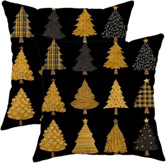 Generic Weihnachts-Kissenbez&uuml;ge, 2er-Set, schwarz-goldfarben, Baumdruck, festliche Feiertags-Dekoration f&uuml;r Wohnzimmer, Sofa, Bett, Couch, 35,6 x 35,6 cm