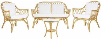 Beliani Lounge Set Natürlich 4er Sitzer Rattan Sicherheitsglas Auflagen Weiß für Terrase für Garten