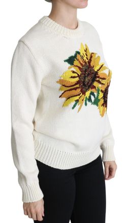 Dolce & Gabbana Womens White Floral Wool Pullover Sunflower Sweater Virgin Cashmere Clothing