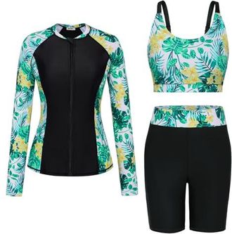 Grace Karin Maillot de bain 3 pi&egrave;ces Rashguard int&eacute;gr&eacute; &agrave; manches longues avec fermeture &eacute;clair sur le devant pour femme, Fleur blanche et jaune, M