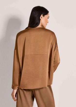 Madeleine Langarmbluse Oversized-Bluse mit Glanzeffekt Hemdbluse mit Rundhals und V-Schlitz, Knopfleiste und Langarm