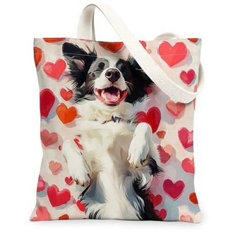Generic Sac fourre-tout en toile motif Border Collie pour le shopping 33 x 38 cm, sac d&eacute;picerie r&eacute;utilisable pour la Saint-Valentin, sac d&eacute;picerie pour femme,