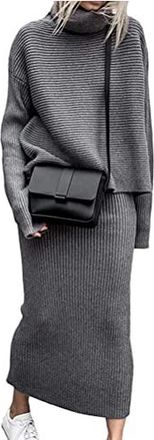 Minetom Ensemble Tricot Femme 2 Pièce Pullover Col Rond Manches Longues Pull et Jupe Chandail Survêtement Tricoté Aotumne Hiver Midi Robe B Gris M