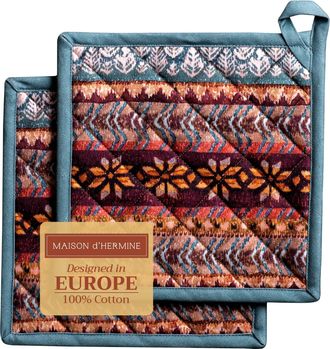 Maison d'Hermine Topflappen, 100% Baumwolle, Topfhalter, 2er-Set, hitzebeständig, mit Schleife, Hot Pads, für Küche, Backen, Koch, Fair Isle - Erntedankfest/Weihnachte