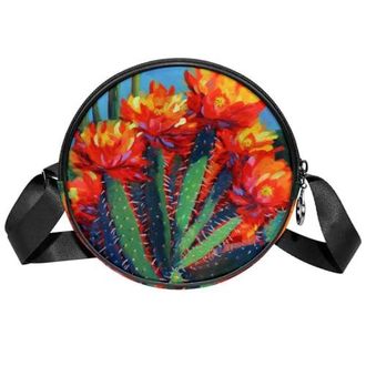 Generic Petit sac &agrave; bandouli&egrave;re rond pour femme, motif fleurs de cactus avec fermeture &eacute;clair, bretelles r&eacute;glables, sac &agrave; main rond d&eacute;contract&eacute; pour femmes et