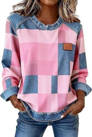 Generic Sweat-shirt pour femme - Mode printemps - Denim - Patchwork - Imprim&eacute; l&eacute;opard - Haut d&eacute;contract&eacute; &agrave; manches longues - Col &agrave; revers - Couleurs contrast&eacute;