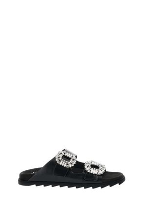 Roger Vivier Sandalen - Flat Black Sandals With Crystal Embellishments - Gr. 36 (EU) - in Schwarz - f&uuml;r Damen