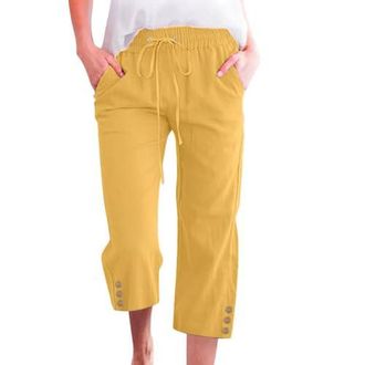 Generic Pantalon 3/4 d&eacute;t&eacute; pour femme - Pantalon en lin pour femme - Pantalon d&eacute;t&eacute; l&eacute;ger avec cordon de serrage - Poches - Taille haute - Pantalon de loisirs -
