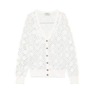 Elisabetta Franchi Femme, Pulls, Beige, Taille: 40 FR Pull col V géométrique avec ornements en pierre