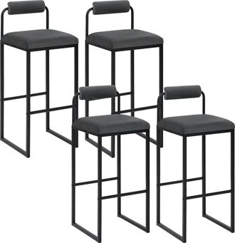 Woltu 4X Barhocker mit Fußstütze, Hochstuhl mit Rückenlehne, Polsterhocker Samt aus Metall, ergonomischer Hocker, Dunkelgrau BH343dgr-4