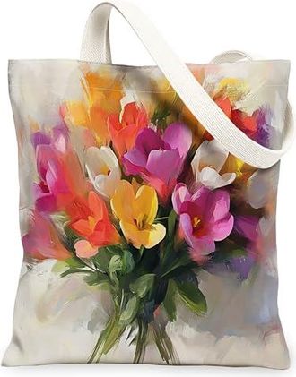 Generic Sac fourre-tout en toile de fleurs de printemps Freesias pour le shopping, 33 x 38 cm, sac d&eacute;picerie r&eacute;utilisable pour femme, motif botanique, plage, 