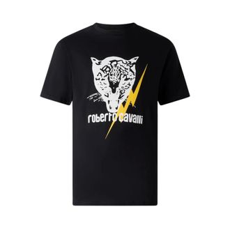 Roberto Cavalli Homme, Tops, Noir, Taille: 2XL T-shirt en coton avec impression éclair et jaguar
