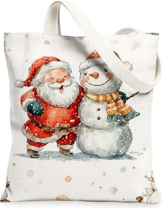 Generic Sacs fourre-tout en toile de No&euml;l, motif fantaisie P&egrave;re No&euml;l, bonhomme de neige, sacs de courses r&eacute;utilisables, festifs, l&eacute;gers et lavables en toile p