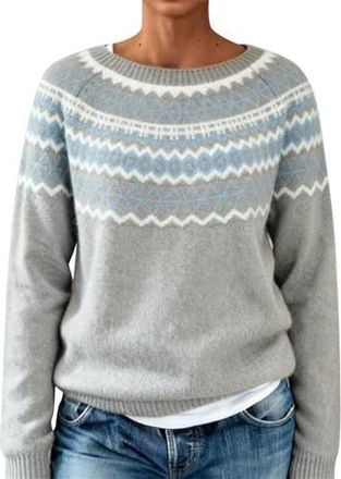Generic Pull Norv&eacute;gien Femme dhiver Chaud Chic Et &Eacute;l&eacute;gant Pullover Tricot&eacute; Col Rond &Agrave; Manches Longues Sweater Tops Motif Jacquard Hauts Oversize Ample Confort