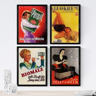 Nacnic Poster Jahrgang. Alte Plakate mit Anzeigen. Vier Vintage Anzeige Plakate mit Frauen. A4-Format