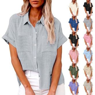Generic Haut en lin pour femme 2026 tendance d&eacute;contract&eacute; boutonn&eacute; &agrave; manches courtes double poche pour femme Chemisier ample pour la plage, gris, XXL
