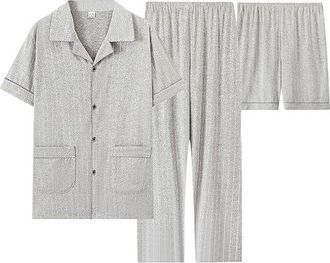 Generic Vêtements de détente en coton à manches courtes pour homme - Pantalon et short - 3 pièces - Imprimé 3D - Couleur unie - Col boutonné - Avec poches - R