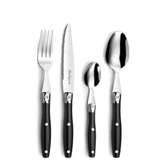 Amefa Lou Laguiole Steakbesteck | Steakmesser Set 24-teilig | Besteck für 6 Personen | Schwarz | Wellenschliff Messer Essbesteck | Besteck Set