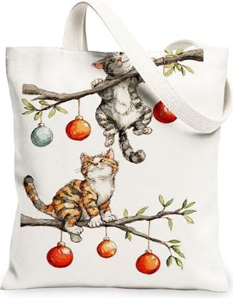 Generic Sacs fourre-tout en toile pour chat de vacances, motif mignon de chatons, sacs d&eacute;picerie r&eacute;utilisables, l&eacute;gers et lavables, blanc, 13x15 Inch