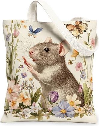 Generic Sac fourre-tout en toile motif rat printanier et souris pour le shopping, 33 x 38,1 cm, sac d&eacute;picerie r&eacute;utilisable pour femme, motif animal, peinture 