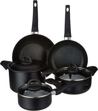 Tognana Rock In Black Topf- und Pfannenset mit 1 Pfanne, 1 Pasta-Siebe, 2 Kasserollen, 1 Pastatopf, 3 transparenten Deckeln, 8-teilig, Aluminium, schwarz