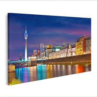 Islandburner Bild auf Leinwand Rheinturm und Medienhafen bei Nacht in D&uuml;sseldorf Bilder Wandbilder 80x40cm