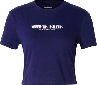 Calvin Klein Jeans Femme, Tops, Bleu, Taille: 36 FR T-shirt Imprim&eacute; &agrave; Manches Courtes et Col Rond en Coton