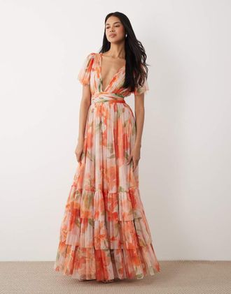 Lace & Beads Madison - Robe longue en tulle &agrave; imprim&eacute; fleurs avec manches &eacute;vas&eacute;es et d&eacute;collet&eacute; plongeant en V - Orange-multicolore