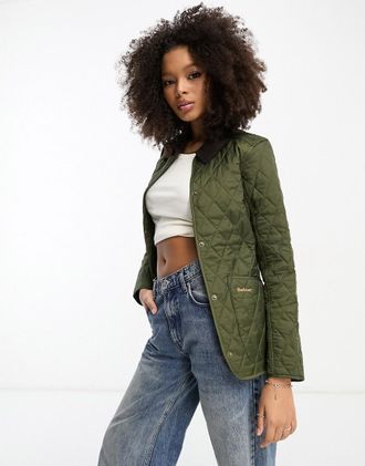 Barbour Annandale - Olivgr&uuml;ne Steppjacke mit Rautenmuster und Cordkragen