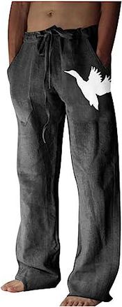 Generic Pantalon de loisirs long en lin pour homme : pantalon de plage avec imprim&eacute; pantalon d&eacute;t&eacute; respirant &agrave; enfiler avec taille &eacute;lastique pantalon dext&eacute;rieu