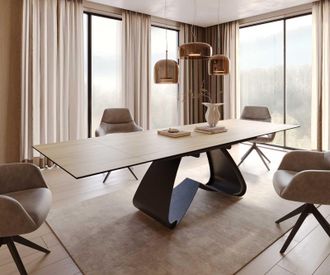 DELIFE Esstisch Edge 200-300x100 Keramik Laminam Sabbia Eichefarbig W-Gestell Schwarz ausziehbar, Esstische