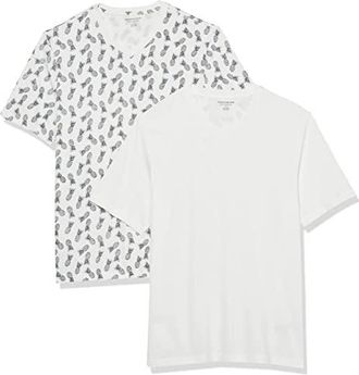 Amazon Essentials T-Shirts Col en v à Manches Courtes Homme, Lot de 2, Blanc/Imprimé Ananas, XXL