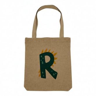 Fabulous Sac Shopping Tote Bag Aspect Lin - R Rom&eacute;o Rita Lettre Pr&eacute;nom Dinosaure Dessin Enfant - Sac de Courses Toile Epaisse 360g Beige Naturel Cabas Port&eacute; Ep