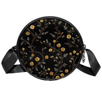 Generic Petit sac &agrave; bandouli&egrave;re rond pour femme, petit sac &agrave; bandouli&egrave;re dor&eacute; &agrave; motif floral avec fermeture &eacute;clair, bretelles r&eacute;glables, sac &agrave; main rond d&eacute;con