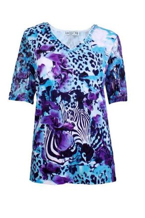 Passioni T-Shirt mit Leoparden- und Blumenmuster-Mix in Blaut&ouml;ne