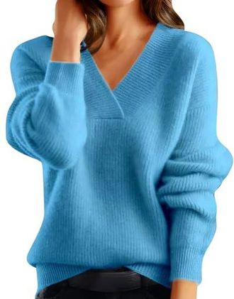 Generic Pull pour femme avec col V et manches longues - Haut en tricot solide - Pull l&eacute;ger d&eacute;contract&eacute; &eacute;l&eacute;gant et confortable pour femme - Pull &agrave; col roul&eacute; en